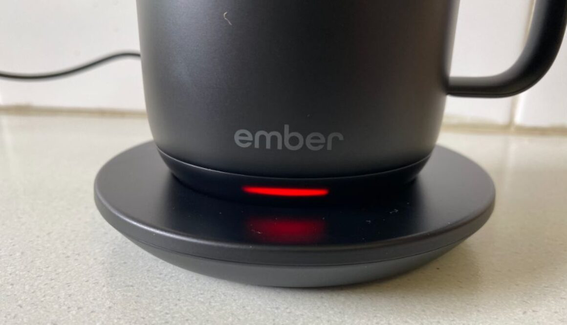 Ember Mug On Charging Coaster Red Light Hunting Waterfalls