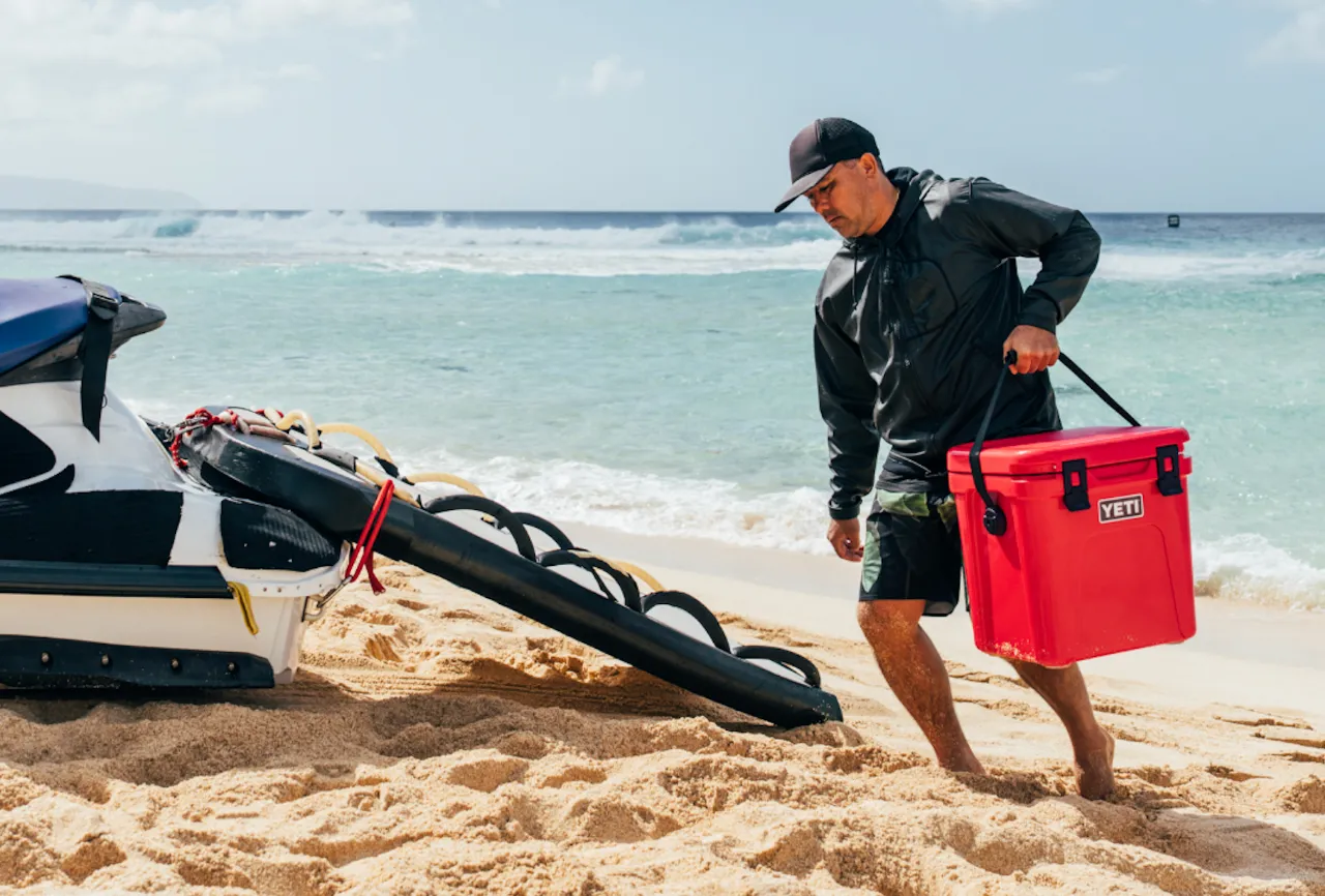 yeti-rescue-red-roadie-24-cooler-on-beach - Hunting Waterfalls