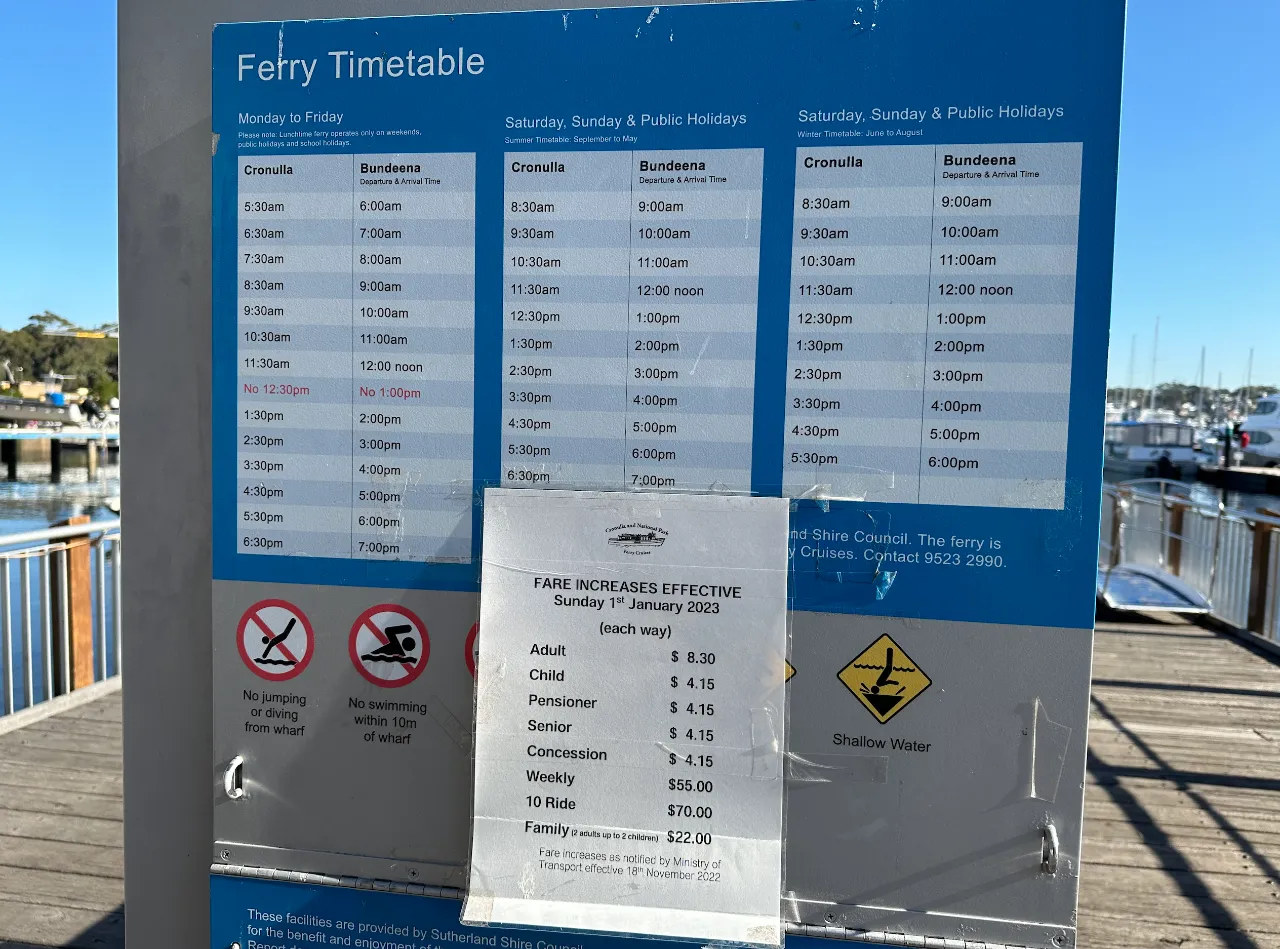 bundeena-ferry-ticket-prices-and-timetable-sign-2023 - Hunting Waterfalls