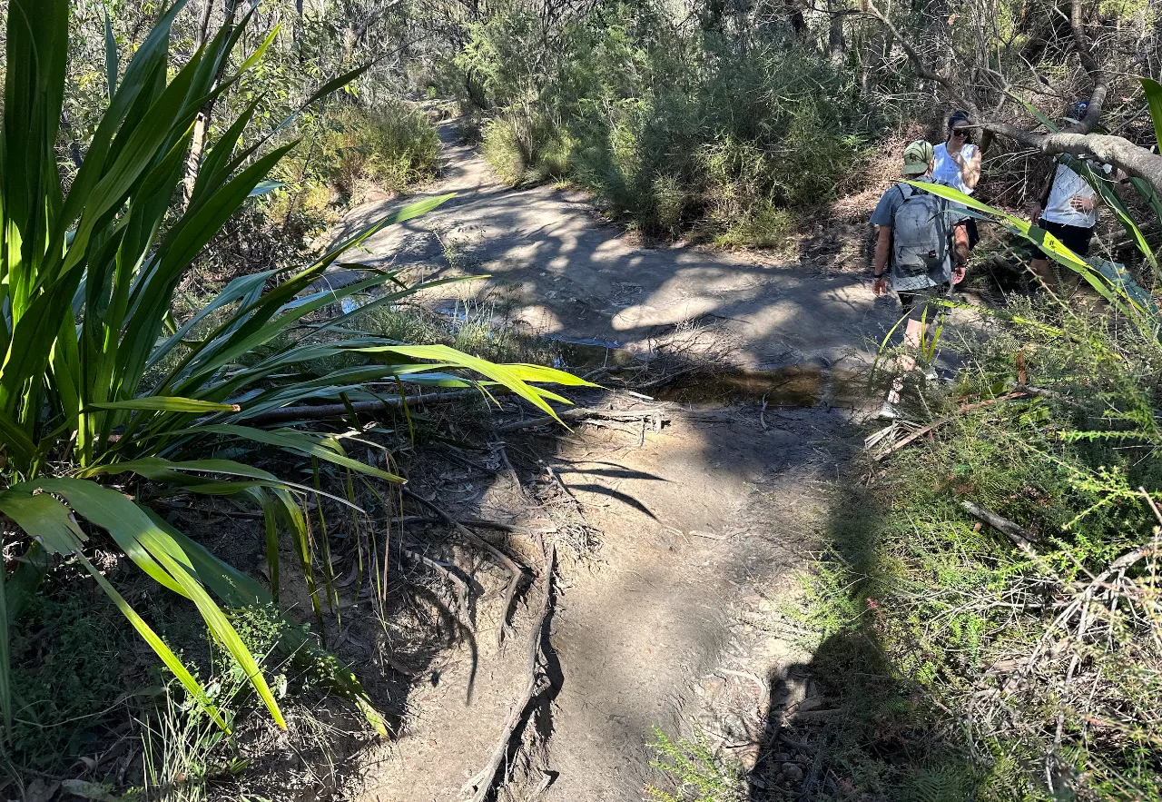 ryan-man-crossing-small-river-on-karloo-pools-track - Hunting Waterfalls